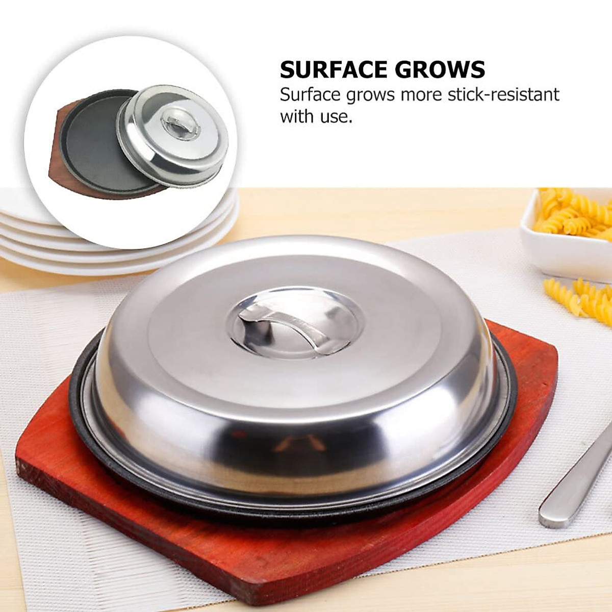 Cabilock Cast Iron Steak Plate Metal Sizzle Griddle with Wooden Base and Cover Foodservice Platter Steak Pan Grill Server Plate for Household Restaurant