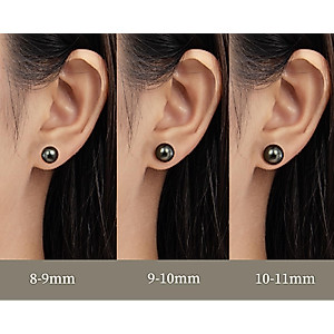 DENGGUANG 18K Gold Natural Round Cultured Black Pearl Stud Earrings for Women, 8-9mm High Luster Tahitian South Sea Cultured Pearl Earrings - White Gold