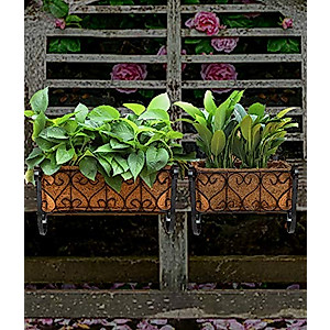 MorTime Iron Hanging Flower Rack Basket Shelf with Hooks, Railing Flower Pots Holder Black Metal Decorative Railing Shelf for Outdoor Garden Balcony Fence Patio