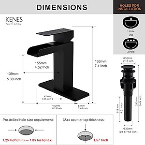 KENES Matte Black Waterfall Bathroom Faucet, Single Handle Black Bathroom Sink Faucet with Faucet Escutcheons, Pop Up Drain Stopper & Lead-Free Water Supply Lines LJ-9035-2