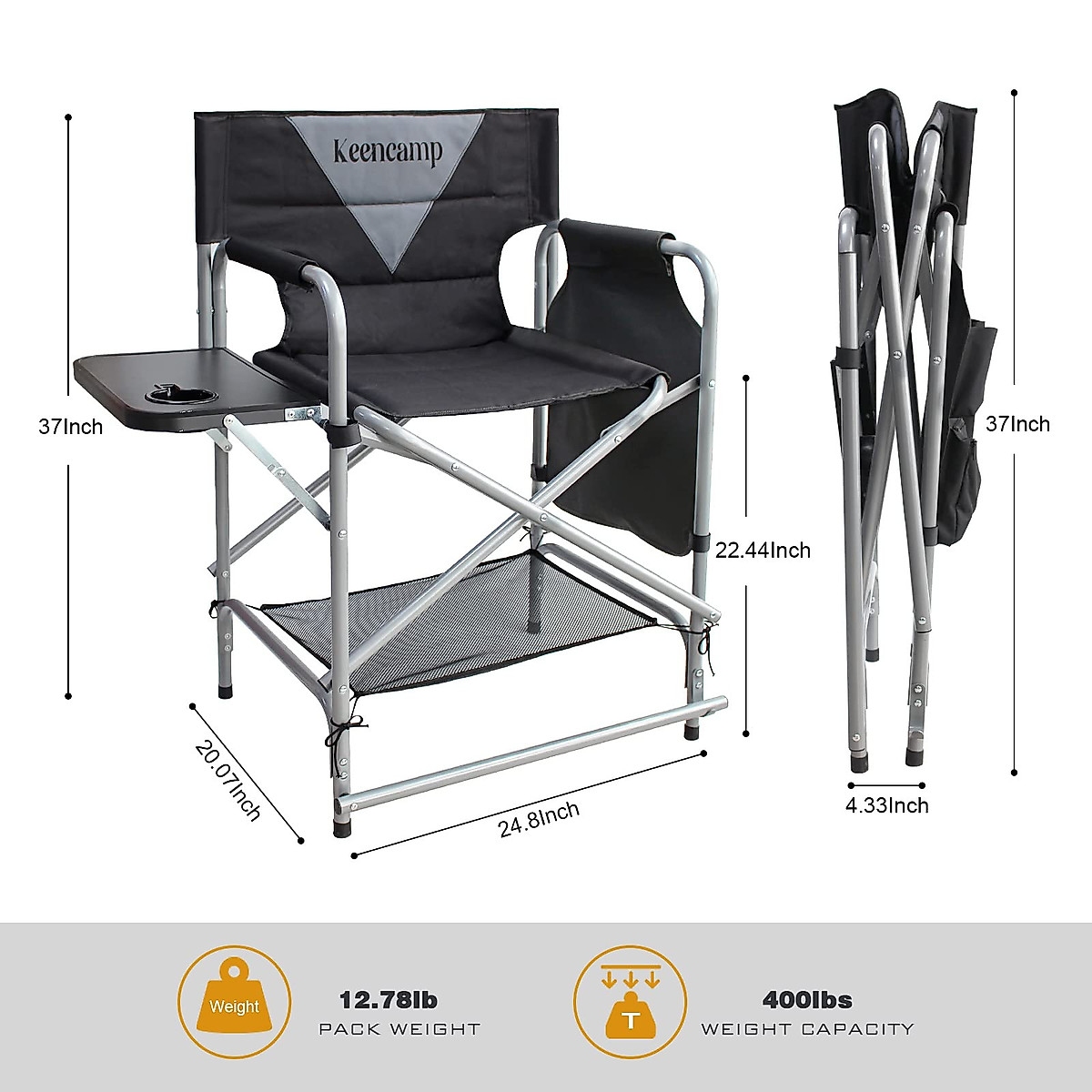BAYIEIUI Medium Tall Folding Directors Chair with Side Table Storage Pocket Portable Camping Makeup Artist Bar Chair Supports 400 lbs 22.44" Seat Height