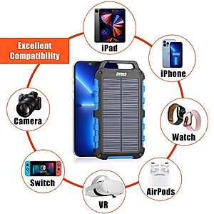 Ryoko Solar Charger Power Bank 20000mAh, Solar Phone Charger with Dual USB 5V Output, 10 LED Flashlights, Waterproof Outdoor Battery Pack for iPhone, Samsung, Switch, Tablet