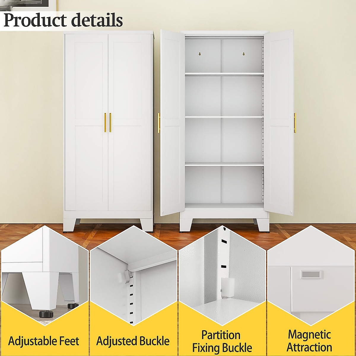 RISTERN White Metal Storage Cabinet, 61" Steel File Cabinet for Home Office, Kitchen Pantry Storage Cabinet with Doors and 3 Adjustable Shelves, Tool Cabinet, for Office, Home, Garage, School