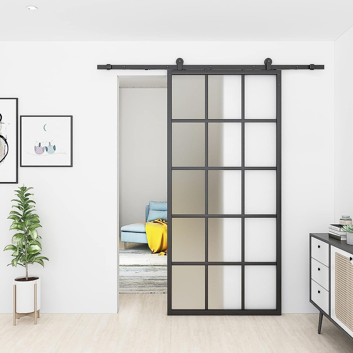 BARNSMITH 42in x 84in Frosted Glass Barn Door with 7FT Top Mounted Hardware kit Include Soft Close Mechanism DIY 15 Lites Modern Aluminum Frame Glass Sliding Barn Door Disassembled Easy Installation