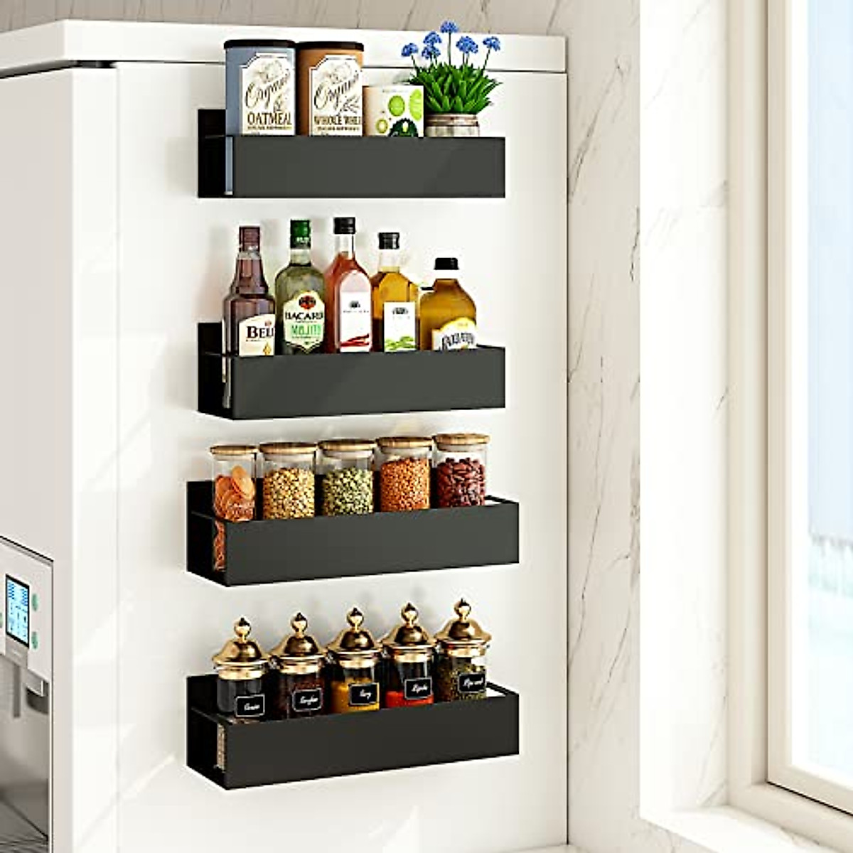 REALINN Magnetic Spice Rack Organizer, [4 Pack] Moveable Fridge Spice Shelves, Space Saver for Refrigerator and Microwave Oven, Metal Refrigerator Shelf, Black