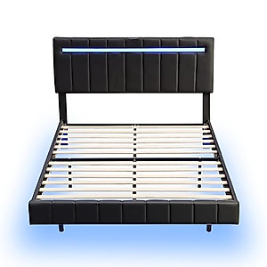 WADRI Modern Queen Size Upholstered Platform Bed, Full Size Floating Bed Frame with LED Lights and USB Charging, LED Bed Frame for Kids Teens Adults, No Box Spring Needed (Black + PU-79X)