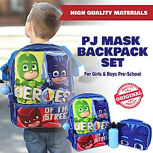 PJ Masks Girls & Boys Toddler 4 Piece Backpack Set for Kindergarten; Catboy, Gekko,& Owlette Travel School Bag w/Front Zip Pocket, Insulated Lunch Box, H2O Bottle, & Squish Ball Dangle
