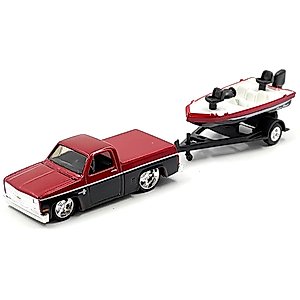 1987 Chevy 1500 Pickup Truck Candy Red and Black and Bass Boat with Trailer Red and Black Tow & Go Series 1/64 Diecast Model Car by Maisto 15368-23A