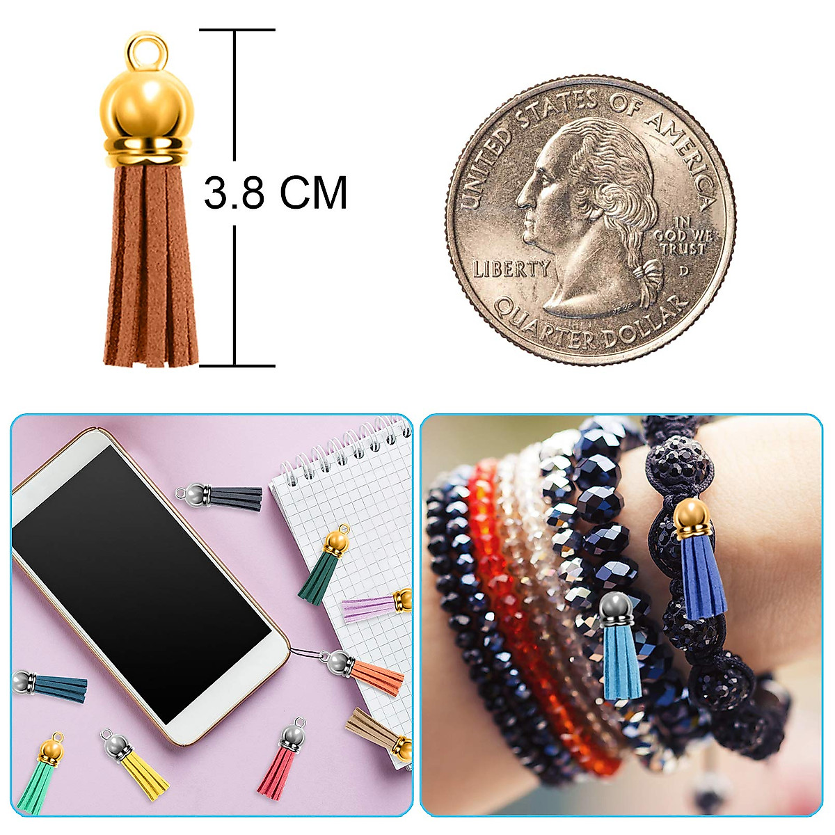 Duufin 240 Pieces Keychain Tassels Bulk Leather Tassel Pendants Colorful Tassel for Keychain, Craft and DIY Projects, 60 Colors (Gold and Silver Cap)