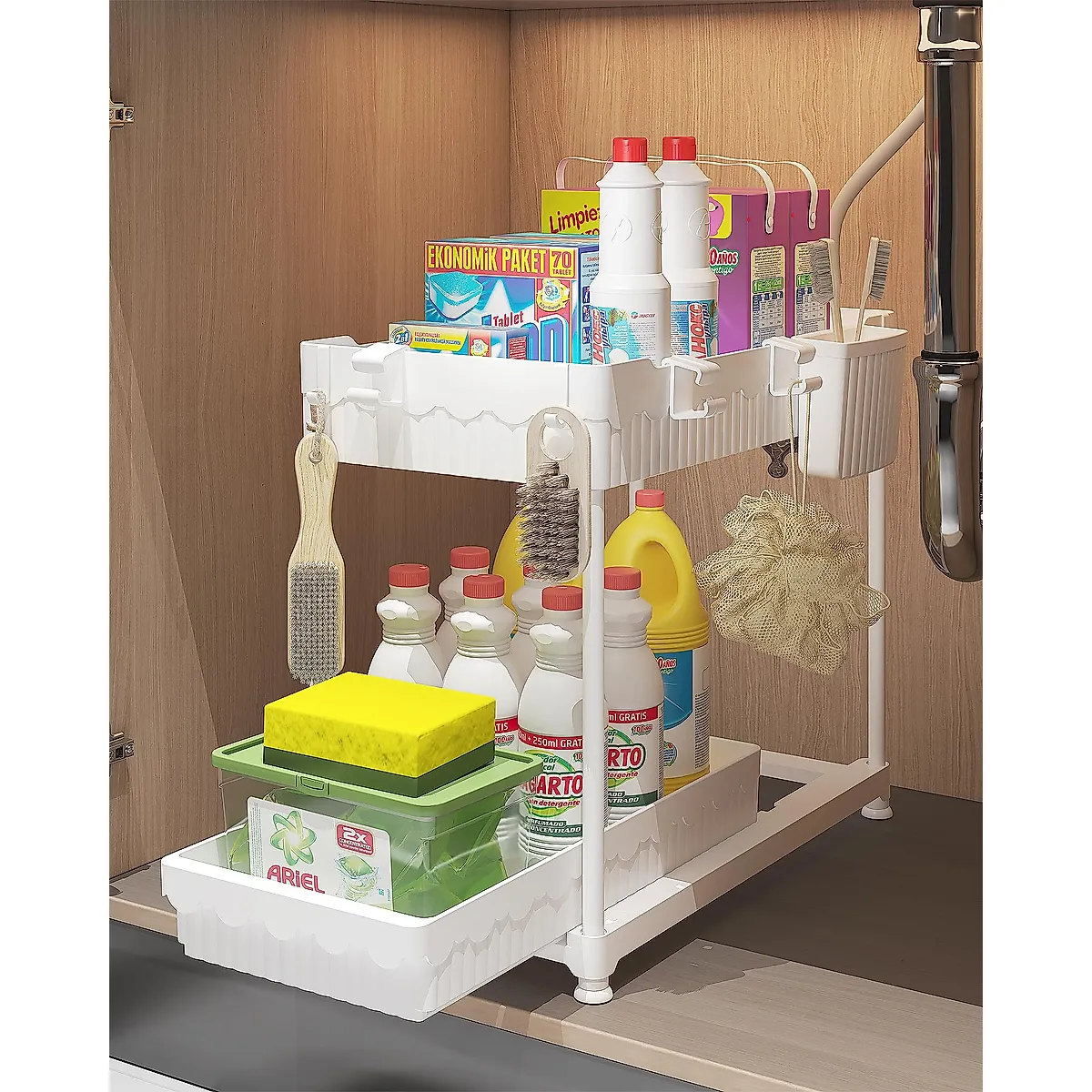 Sevenblue Under Sink Organizers and Storage, 2 Tier Sliding Bathroom organizer,Multi-Use Under Kitchen Cabinet Storage Shelf (White)