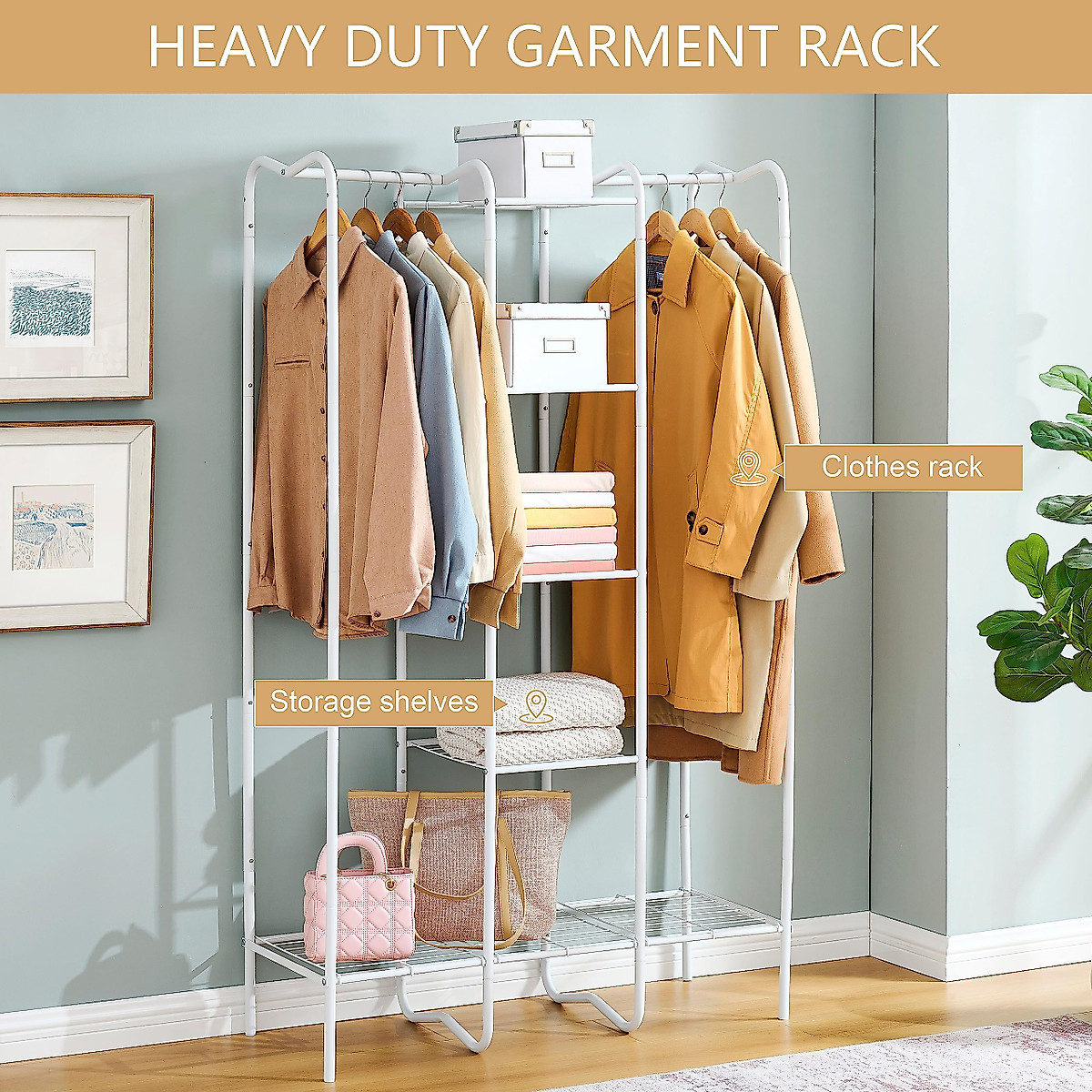 Gewudraw Wardrobe Closet with 4 Metal Shelves, Freestanding Garment Rack, Heavy Duty Clothing Rack For Hanging Clothes, Portable Clothes Rack, Closet Organizer White