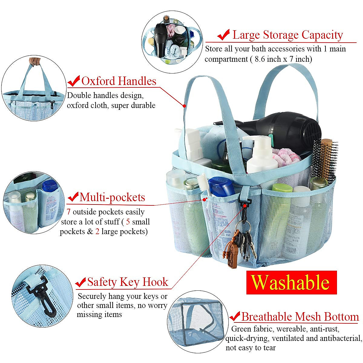 Haundry Mesh Shower Caddy Tote, Large Shower Caddy Bag for College Dorm Room Essentials, Bathroom Organizer with 8 Pockets for Beach Swimming Camp Gym