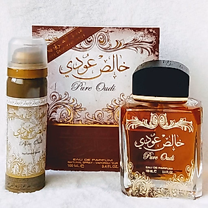 Lattafa Perfumes Pure Oudi (Khalis Oudi) 2 Piece Set for Unisex (3.4 Ounce Eau de Parfum Spray + 1.7 Ounce Perfumed Body Spray)