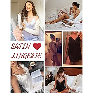 Ekouaer Womens, Satin Lace Chemise Silky Nightgown Nightshirt, Plus Size Sleepwear, Babydoll Lingerie, A Black, Large