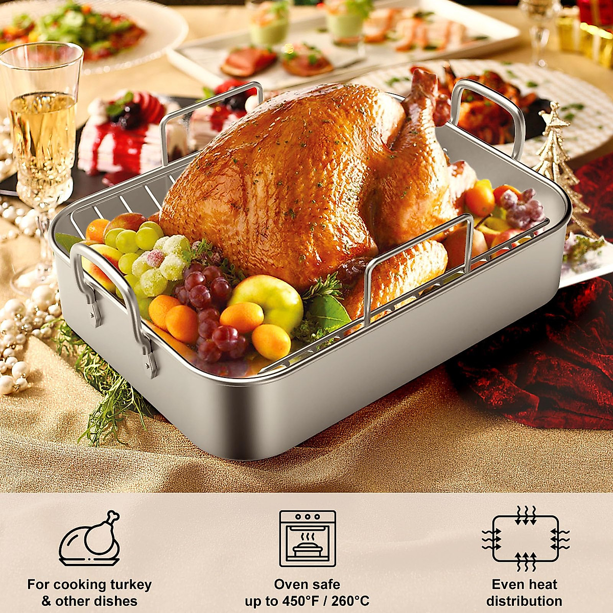 Stainless Steel Roasting Pan, 17*13 Inch Turkey Roaster with Rack - Deep Broiling Pan & V-shaped Rack & Flat Rack, Non-toxic & Heavy Duty, Great for Thanksgiving Christmas Roast Chicken Meat Lasagna