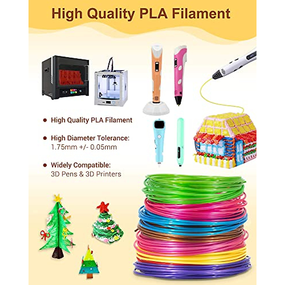 24 Colors 3D Pen PLA Filament Refills, 1.75mm Premium Printing Filament for 3D Printer/3D Pen, Each Color 10 Feet, Total 240 feet, with 2 Finger Caps by Vomika (24)