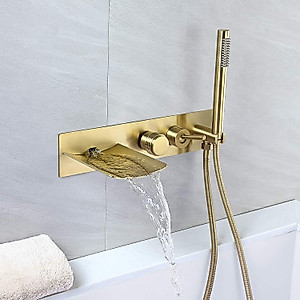 Homelava Waterfall Basin Sink Wall Tap Faucet, Metal Bar Tap Bathtub Shower Tap with Hand Wash Faucet, Rain Faucet Kit Basin Water Control System for Kitchen and Bathroom Gold