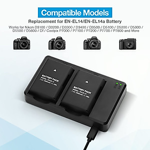 Powerextra EN-EL14 EN-EL14a Battery 2 Pack & Dual LCD Charger Compatible with Nikon D5600 D5500 D5300 D5200 D5100 D3500 D3400 D3300 D3200 D3100 Df Coolpix P7800 P7700 P7200 P7100 P7000