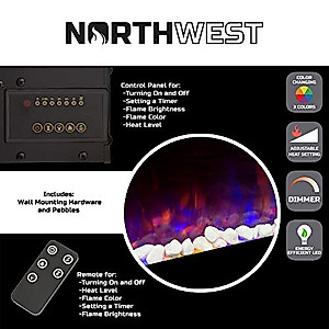 36-Inch Wall-Mounted Electric Fireplace – LED Fire Flames with Remote – Adjustable Flame Color, Brightness and Heat by Northwest (Black)