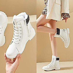 XRH Women Lace Up Combat Boot Winter Snow Boots Warm Fur Lined Ankle Booties Waterproof Hiking Boot for Women Non Slip Leather Boot Shoes(White.US10)