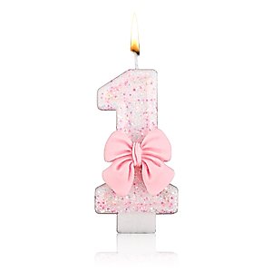 Pink Number Candles, Pink Bowknot Number Candles Glittering Birthday Number Candle for Cake Birthday Party Wedding Anniversary (Number 1)