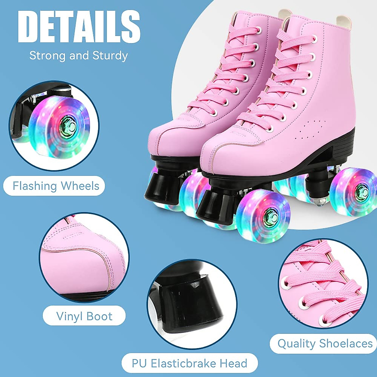 Women's Roller Skates PU Leather High-top Roller Skates Four-Wheel Roller Skates Double Row Shiny Roller Skates for Indoor Outdoor (Pink Flash,39-US: 7.5)