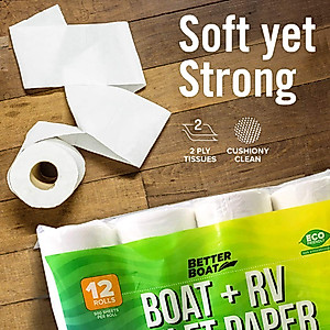 Boat and RV Toilet Paper, Septic Safe Quick Dissolving Tissue, 12 Single Rolls, Biodegradable 2-Ply for Marine, Travel, and Camper Systems, Camping Tank-Safe Bulk Pack