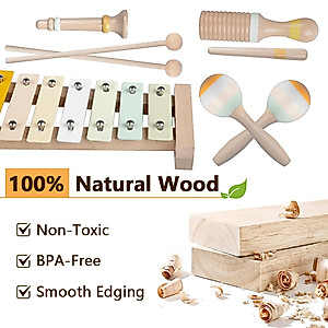 Baby Musical Instruments-Montessori Wooden Toys for Toddlers 1-3,Neutral Colors Percussion Instruments Set with Modern Boho Xylophone for Kids Preschool Educational 3+