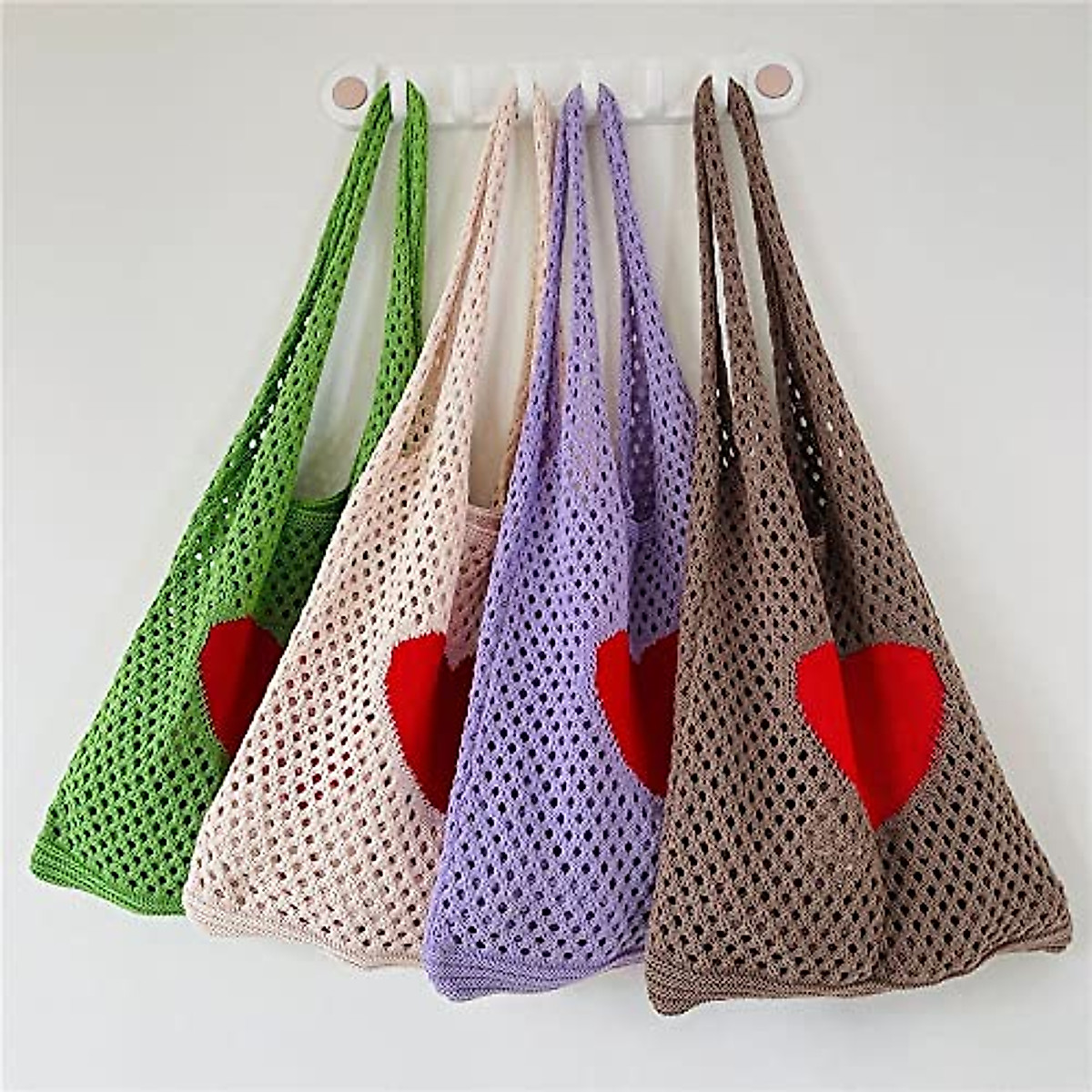 Beach Bag Aesthetic Knitted Tote Bag Fairy Grunge Bag Crochet with Heart Pattern Tote Bags(beige)