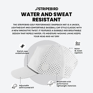 Stripebird - Golf Performance Snapback Hat Logo, White - Water-Resistant Baseball Cap for Men and Women - Rope Hat