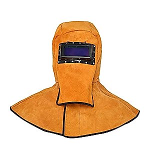 Leather Welding Mask, Leather Welder Hood Leather Mask Welder Helmet with Auto Darkening Filter Lens, Work Cap Welding Helmet, Yellow (Full Face+Neck Shoulder Coverage)
