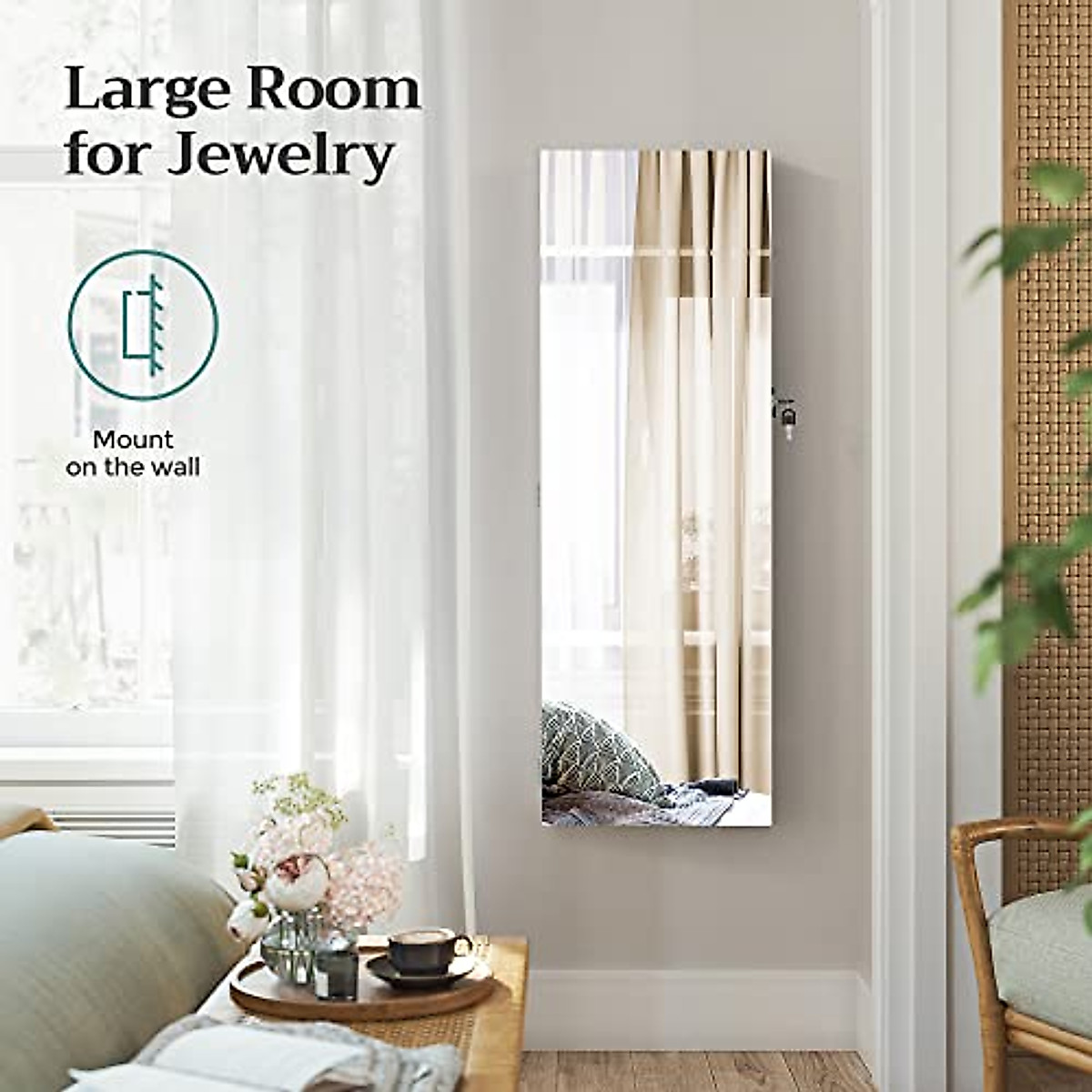 SONGMICS Jewelry Cabinet Armoire with Mirror, Wall or Door Mount Storage Organizer with Full-Length Frameless Mirror, Lockable Cabinet with Built-in Small Mirror, Shelves, Gift Idea, Brown UJJC003K01