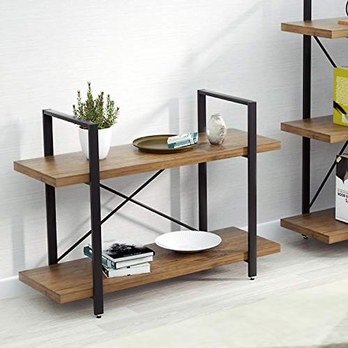 mecor 2-Tier Bookcase, Vintage Industrial Metal Display and Storage Tower, Etagere Bookshelf for Home Office, Dark Brown