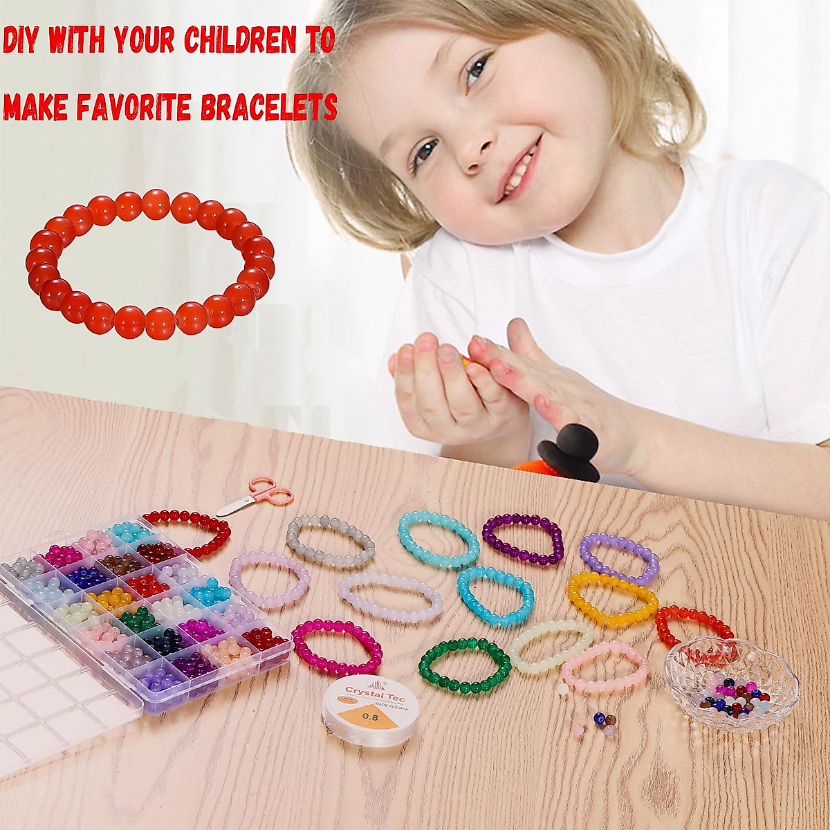 St.Kunkka 600 Pcs 8mm Glass Beads for Jewelry Making DIY Crafts, 24 Colors Round Crystal Beads Bracelet Making Kit with Small Hole for DIY Bracelet Necklace Earrings (600 Pcs 8mm Glass Beads)