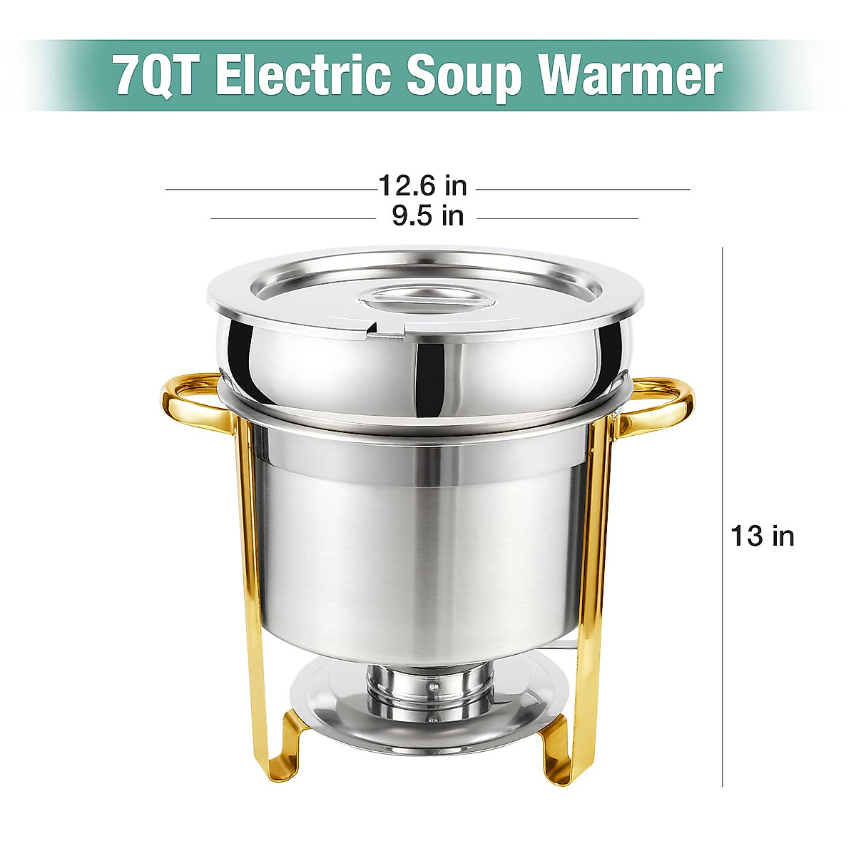 Restlrious Soup Chafer 7 QT Stainless Steel Round Soup Warmer, Large Marmite Soup Chafer with Pot Lid and Fuel Holder in Gold Accent, for Catering Parties Events Banquets, Commercial Grade 2 Pack