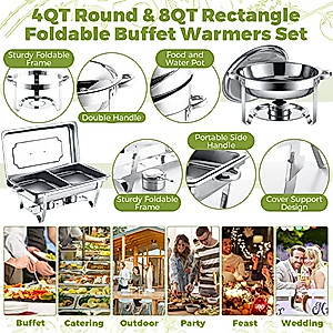 4 Pcs Chafing Dishes Buffet Set Stainless Steel Chafing Dishes 9.5 Qt Rectangular Chafers 3.7 Qt Round Buffet Warmers Set Silver Food Warm with Folding Frame for Banquet Party Catering Supplies