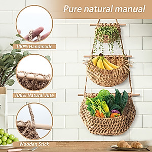 Hanging Fruit Basket, Handmade 3-Tier Jute Woven Wall Basket, BOHO Kitchen Wall Decor for Organizing, Storage Basket for Kitchen Living & Bathroom Bedroom