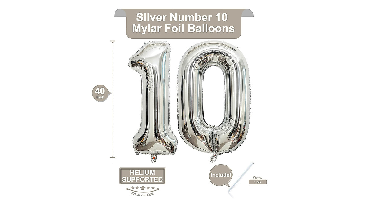 40 Inch Silver 10 Number Balloons - Jumbo Foil Celebration Decor