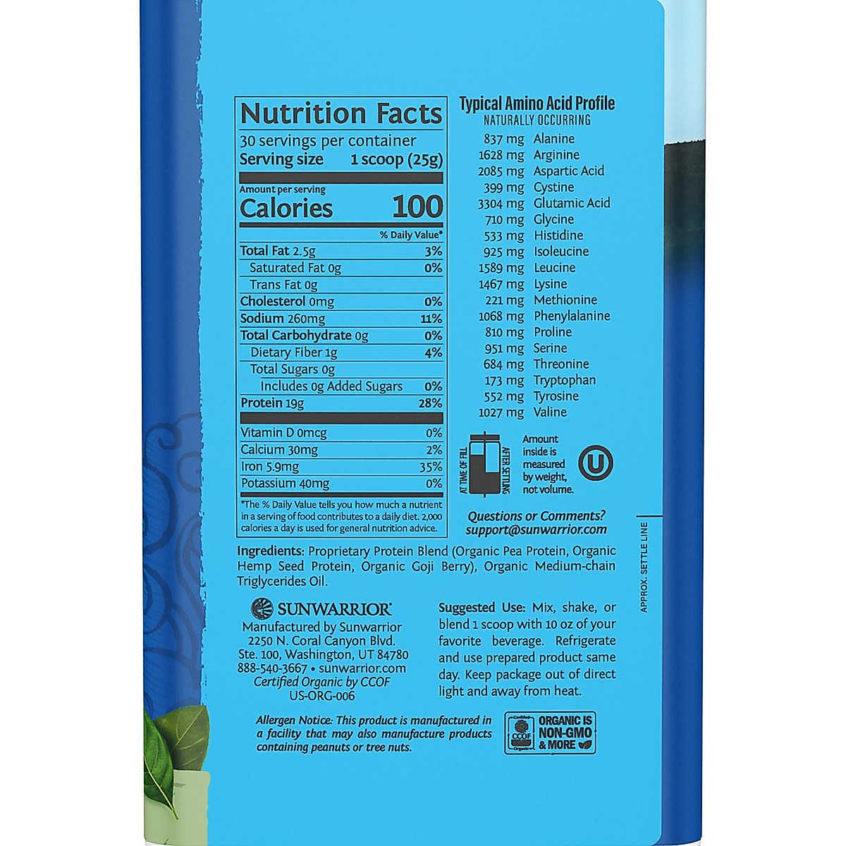 Vegan Organic Protein Powder Plant-based | BCAA Amino Acids Hemp Seed Soy Free Dairy Free Gluten Free Synthetic Free NON-GMO | Unflavored 30 Servings | Warrior Blend by Sunwarrior