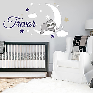 waldo Custom Name Sloth Moon Stars Nursery Wall Decal - WM45. Removable Nursery Wall Decal for Baby Room - Mural Wall Decal for Kids