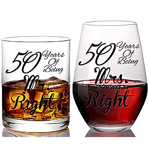 50th Wedding Anniversary - 50th Wedding Gifts for Dad, Mom, Husband, Wife, 50th Wedding Anniversary Decorations, 50th Gifts for Parents-Wine&Whiskey Glass Gift for Mr and Mrs,His and Hers18.5,13.8OZ