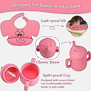 Silicone Baby Feeding Set,11Pack Toddlers Weaning Feeding Sippy Cup with Straw and Lid,Baby Bibs,Bowl Plate with Suction,Baby Feeding Supplies Set (Elephant_Light Pink)