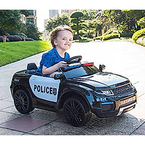 u URideon 12V Ride on Police Car for Kids, Battery Powered Electric Vehicle SUV with Remote Control, Siren, Flashing Light, Music (Black)