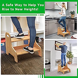 Wooden Kids Adults Step Stool, DORPU Toddler Step Stool for Bathroom Sink, 2 Step Potty Stool with Handles, Bamboo Step Stool, Natural