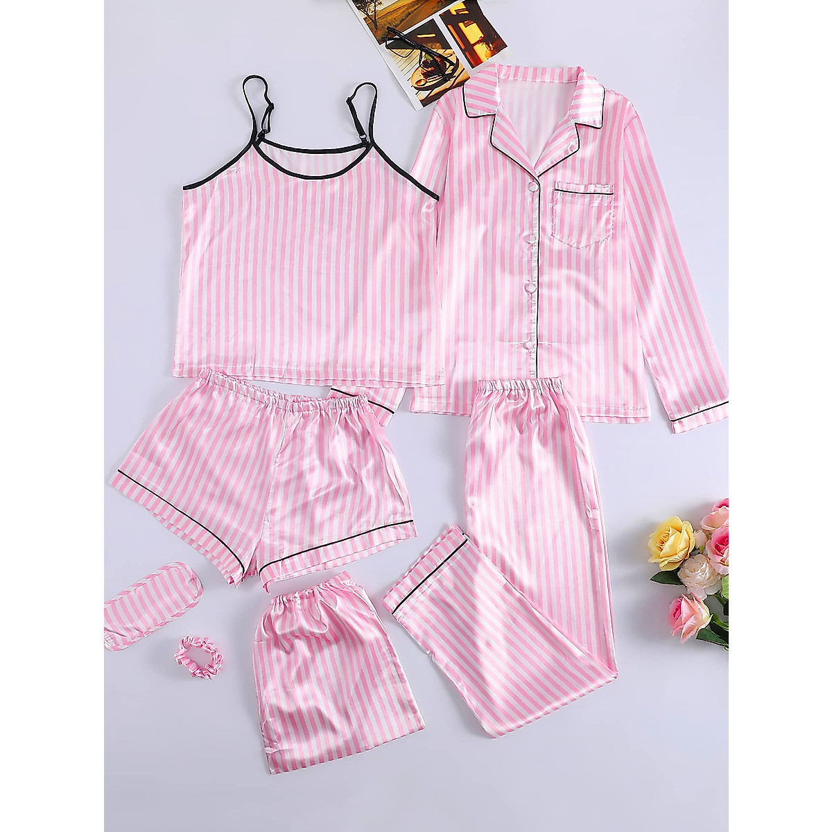 LYANER Women's Pajamas Set 7pcs Silk Satin Sleepwear Loungewear Cami Shirt Pj Set Striped Pink Medium