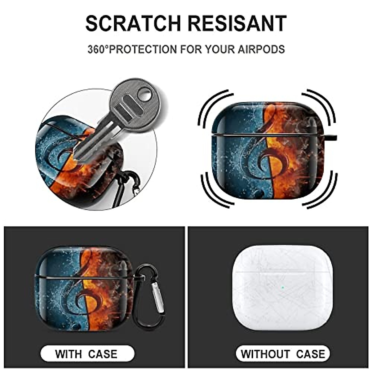 Water Fire Music Notes Pattern Airpods 3 Case Bluetooth Fashion Portable Shockproof and Anti-Scratch Headphone Charging Case Protective Case for Airpods 3 with Keychain Chain Gift Unisex