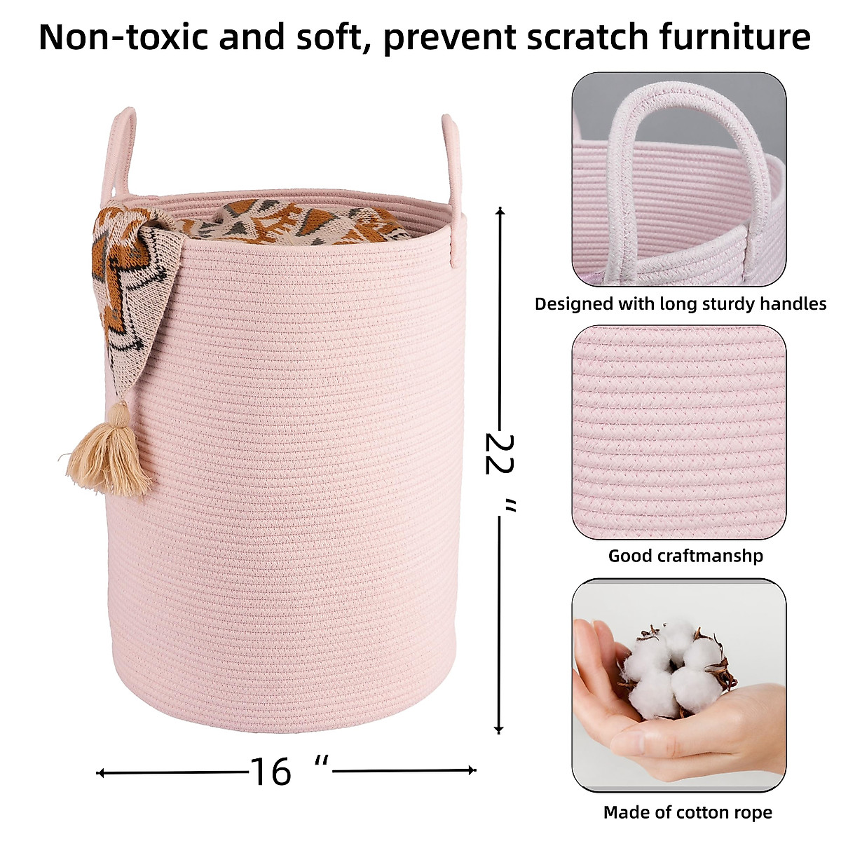 XUANGUO Cotton Rope Laundry Basket Hamper for Clothes Woven Storage Basket for Living Room Bedroom Boho Tall Rope Baskets for Blanket Toys Pillow Towels Baby Nursery Hamper Bin Large light pink