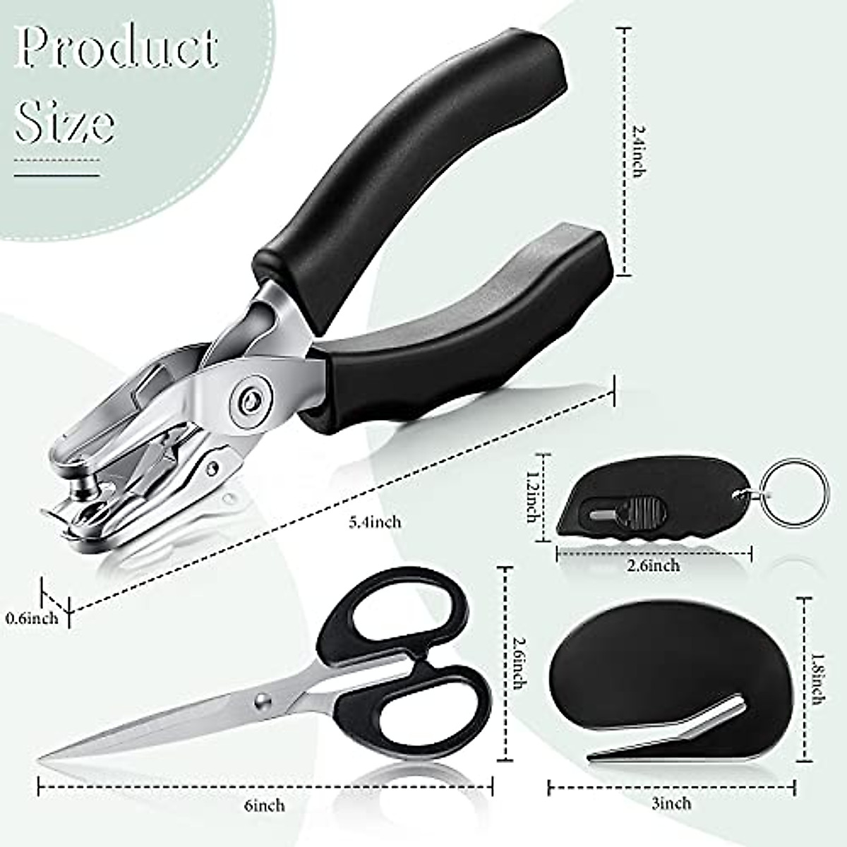 7-Piece Black Desk Accessory Kit Includes Desktop Stapler, Stapler Remover, Single Hole Punch, Tape Dispenser, Stainless Steel Scissors, Small Telescopic Knife and Envelope Slitter Mail Opener