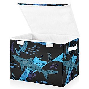 DOMIKING Sharks Large Storage Bin with Lid Collapsible Shelf Baskets Box with Handles Toys Organizer for Shelves Cabinet Nursery Drawer