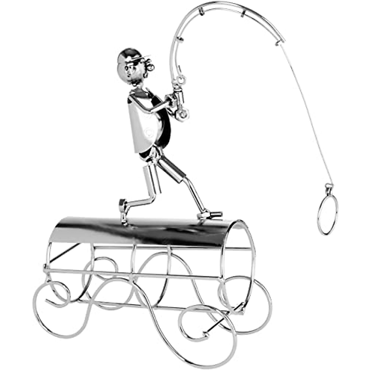 BRUBAKER Wine Bottle Holder 'Fisherman Catching Fish' - Table Top Metal Sculpture - with Greeting Card